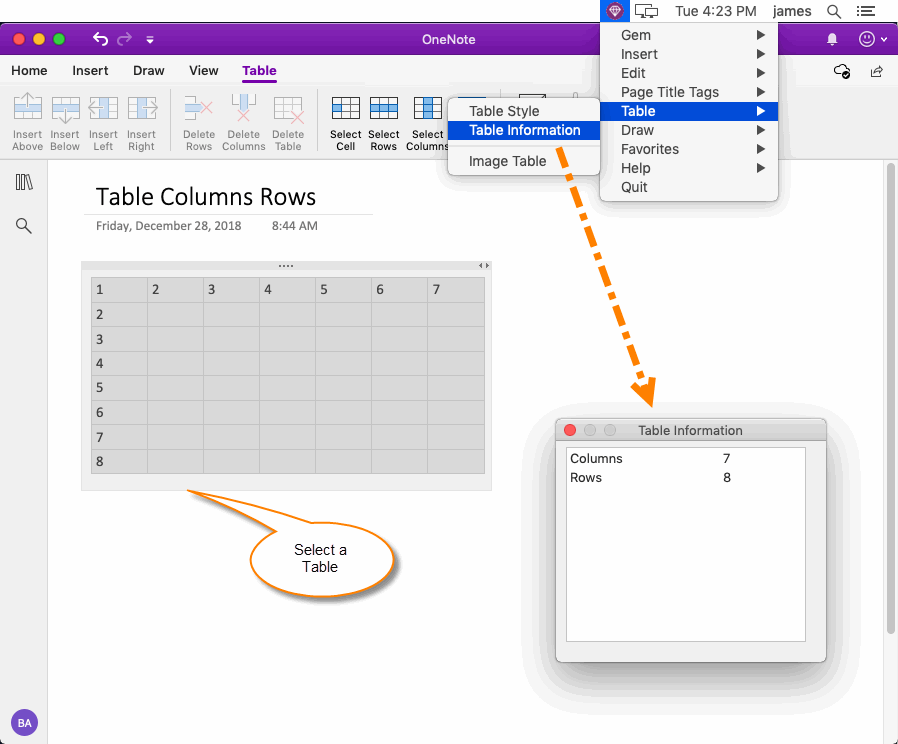 Mac Get Selected OneNote Table Information Columns Rows Office 