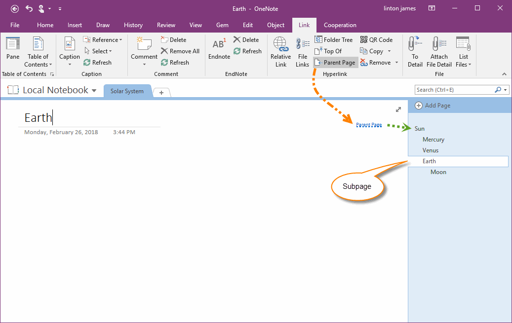 How To Quickly Create A Link To Parent Page In A OneNote Subpage 