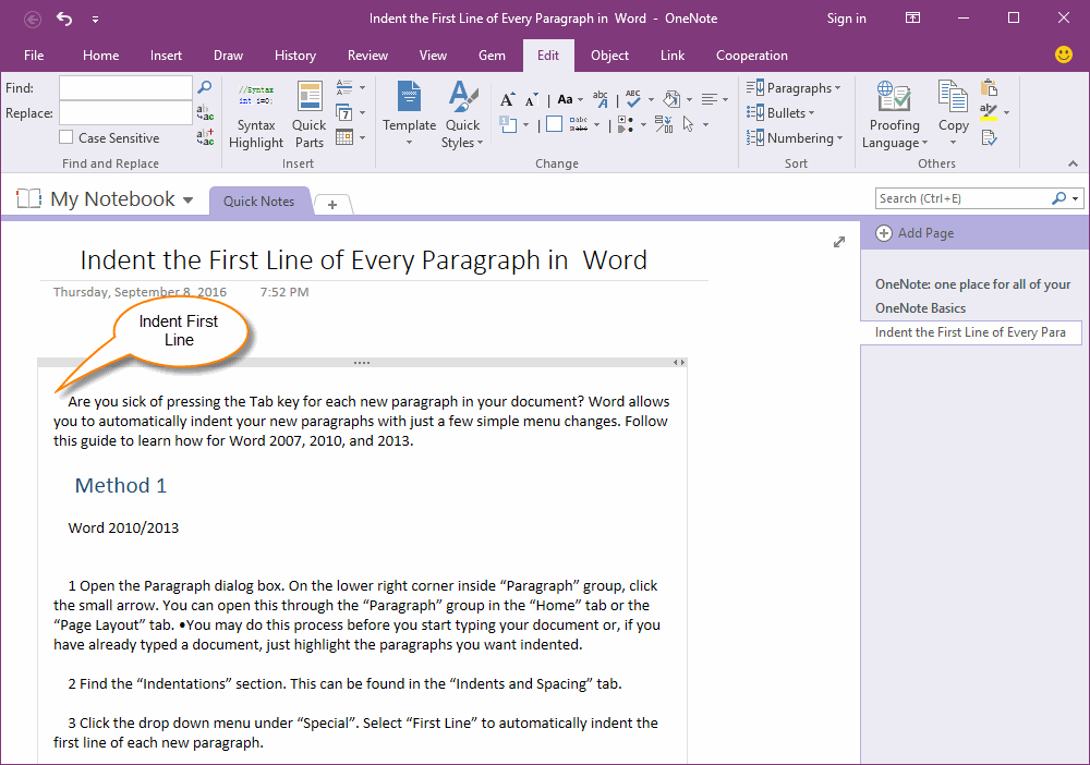 Indent The First Line Of All Paragraphs In OneNote By One Click Office OneNote Gem Add Ins