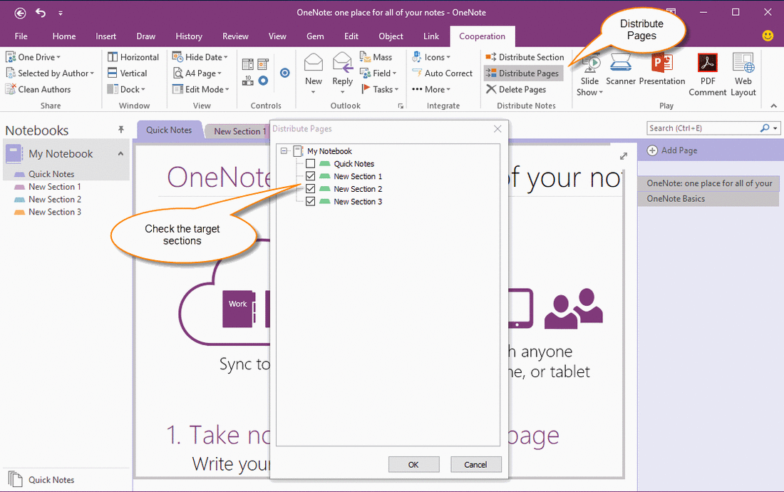 Distribute Selected Pages To Sections In OneNote Office OneNote Gem 
