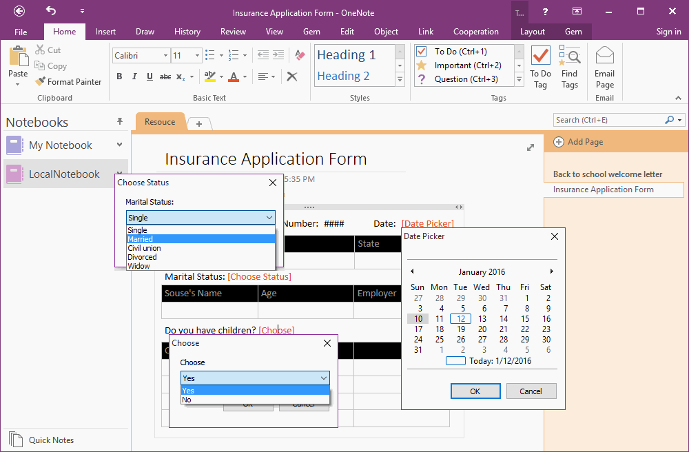 Create Form With Content Controls In OneNote Office OneNote Gem Add Ins