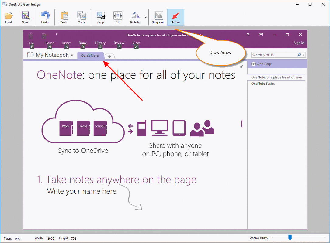 Using Gem Image Tool To Draw Arrow On OneNote Image Office OneNote 