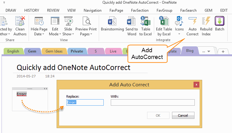 Quickly Add OneNote AutoCorrect Office OneNote Gem Add Ins