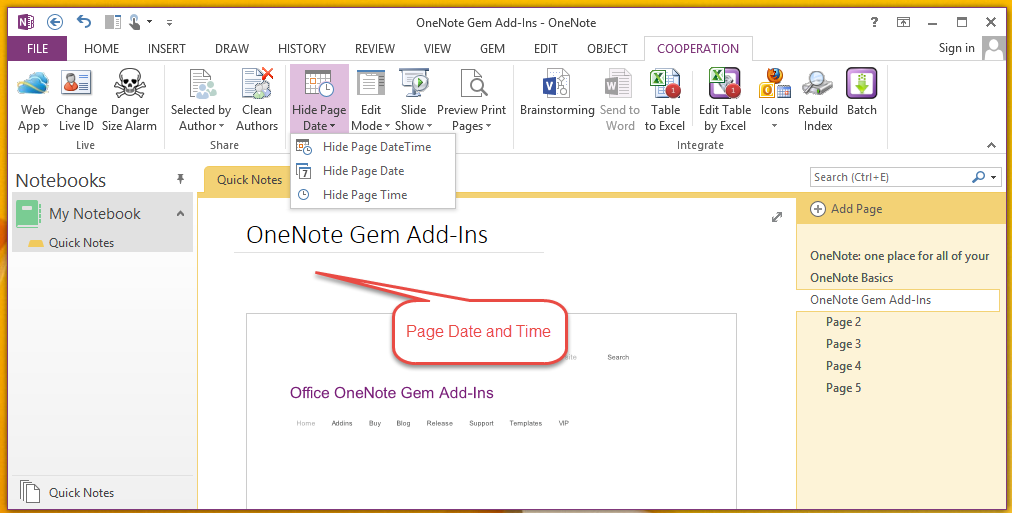 Hide Show OneNote Page Date And Time Office OneNote Gem Add Ins