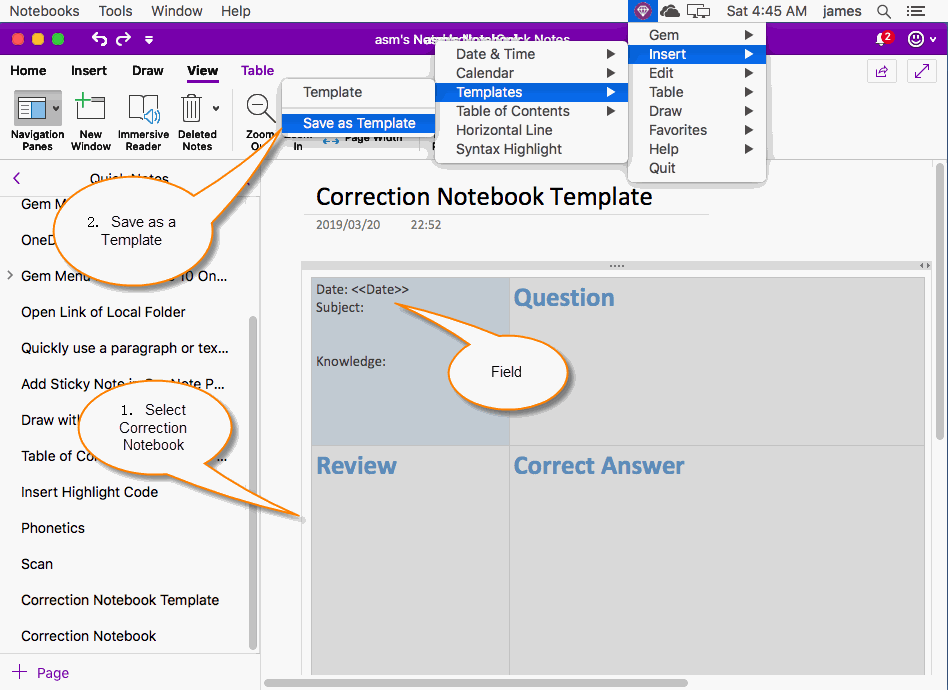 Mac How To Create OneNote Correction Notebook Template With Fields 