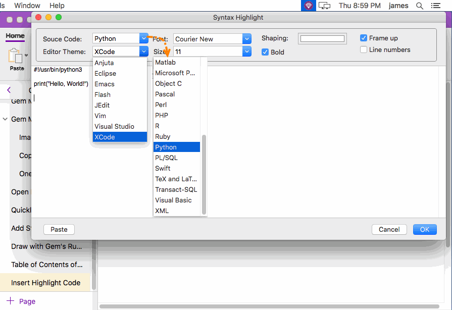 MAC Insert Syntax Highlighted Program Code In OneNote For Mac Office OneNote Gem Add Ins