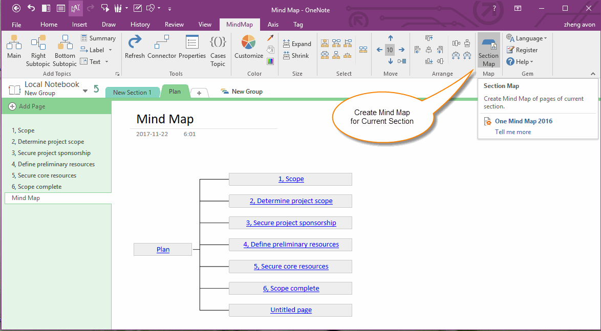Create Mind Map For OneNote Section By One Click Office OneNote Gem