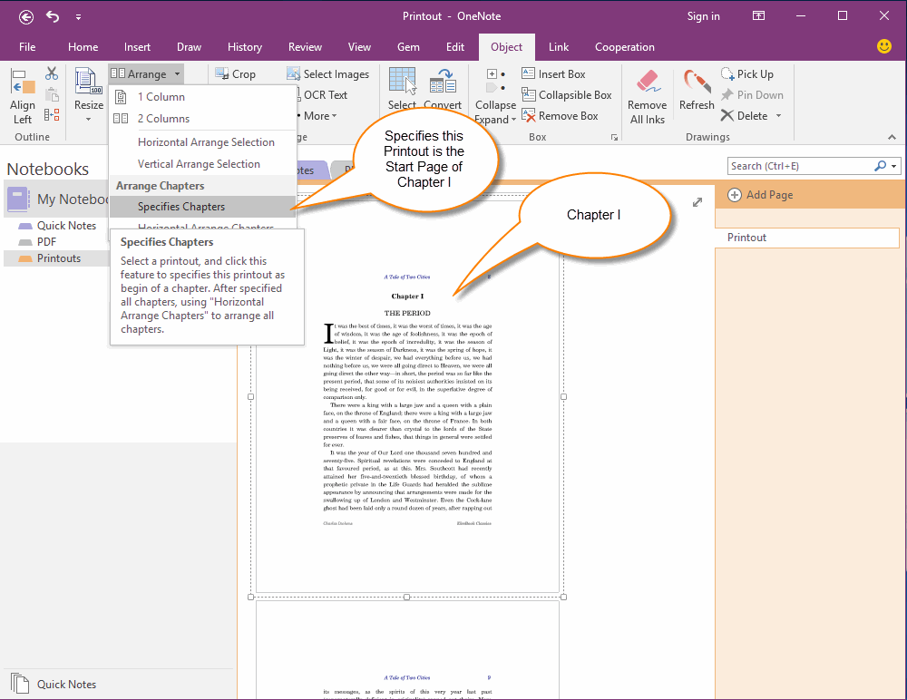 Horizontal Arrange OneNote Printouts Of An PDF According Chapters 