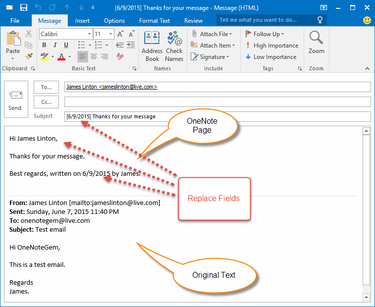 Reply Outlook Message Include Original Text With OneNote Page As 